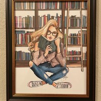 Library Girl fashion Illustration Print Girl Reading - Etsy