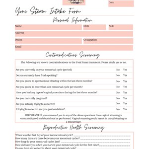Yoni Steam Bath Intake and Consent Form, Vaginal Steaming Forms ...