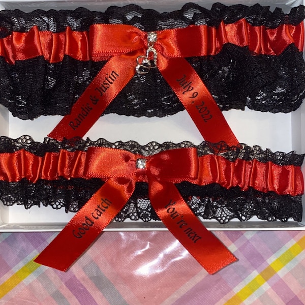 Personalized Black Lace Garter Set, Red Satin Bow, Keepsake Double ...