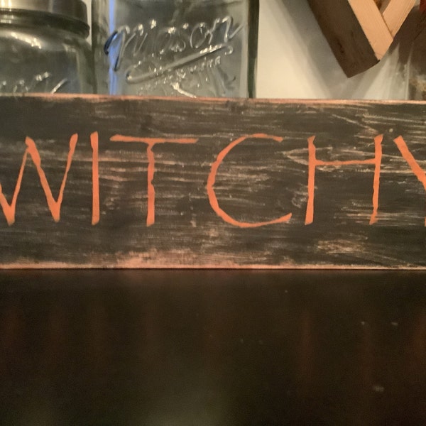 Primitive Halloween Sign WITCHY Distressed Shabby Country Folk Art ...