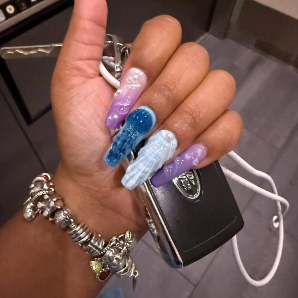 League of Legends Jinx Nail Art, Pink & Blue Graffiti Stiletto Nails ...