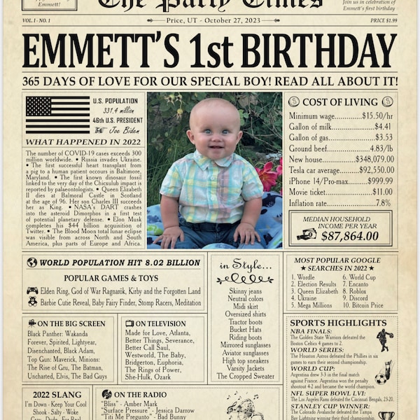 1st Birthday Newspaper Poster Sign, 1st Birthday Gift for Son or ...