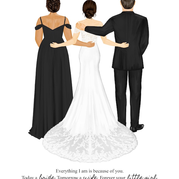 Personalized Bride and Parents Portrait Art PRINT | Mother & Father of ...