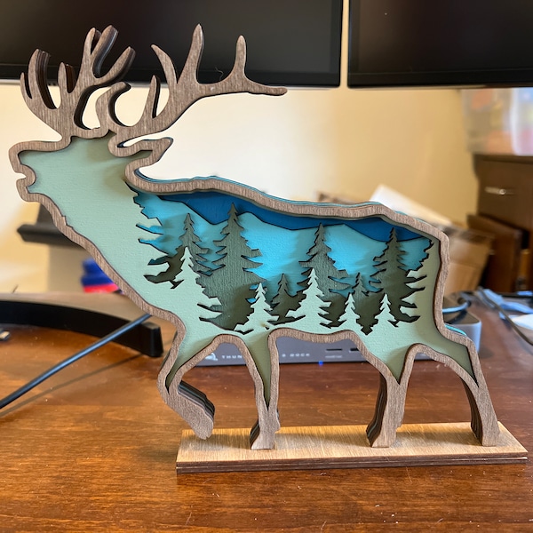 Layered Elk Art With Mountains and Trees, Gift for Outdoor Lover Home ...