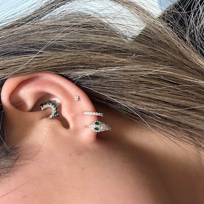 14K Solid Gold Snake Earrings, Green Eye Snake Hoop Earrings, Serpent ...