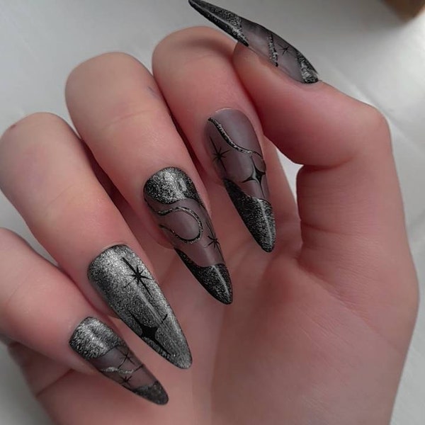 Black Stars Press on Nails, Black Coffin Nails, Custom Fake Nails, Handpainted False Nails ...