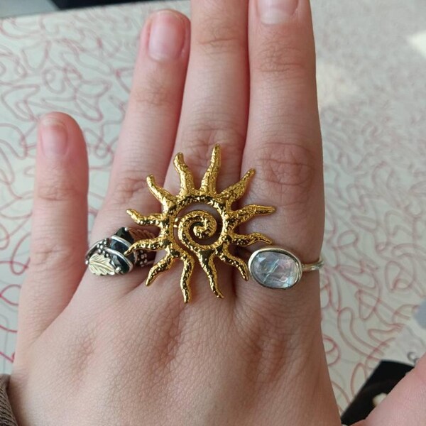 Large Sun Ring, Big Gold Ring Adjustable, Boho Solar Ring, Statement ...