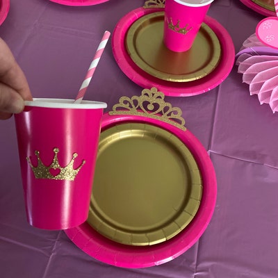 10 PRINCESS Hot Pink Gold Glitter Crown Royal Birthday Table Set Plates ...