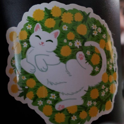 Cute White Cat Vinyl Sticker / Cat With Yellow Dandelions / Waterproof ...