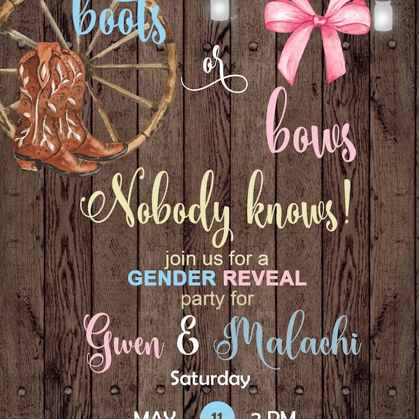 Boots or Bows Gender Reveal Invitation, Gender Reveal Invite, Boots or ...