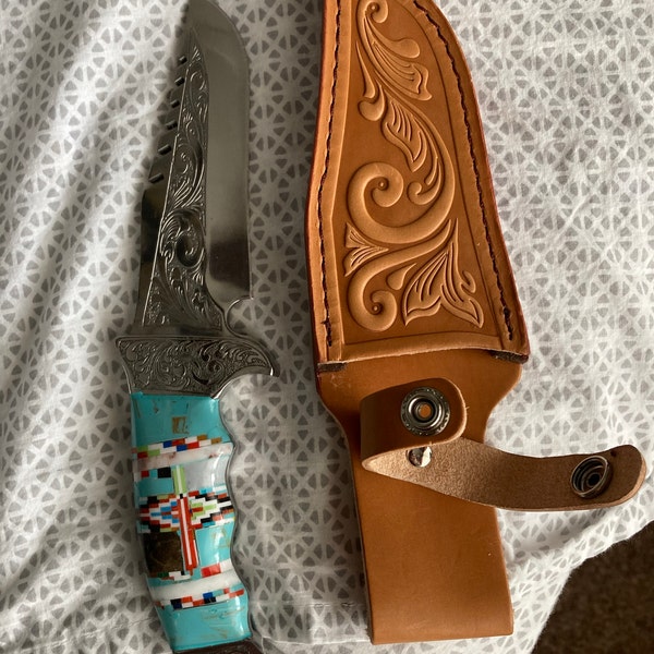 Southwestern Inlay Knife With Leather Sheath - Turquoise Inlay With ...