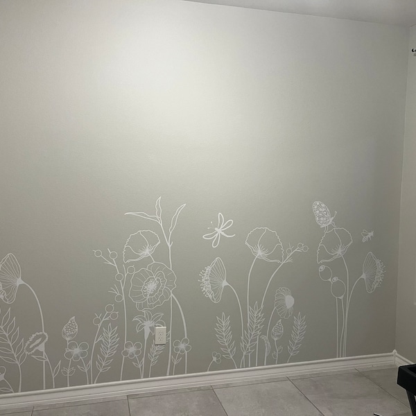 Hand-drawn Wildflowers With Butterflies Wall Decal: Line Art Floral ...