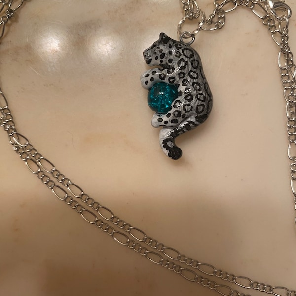Snow Leopard Necklace With Custom Color Gem Pendant Charm - Etsy