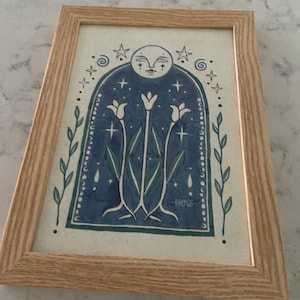 Spiritual Art Print Moon Phase Illustration Boho Gift Idea Blue Folk ...