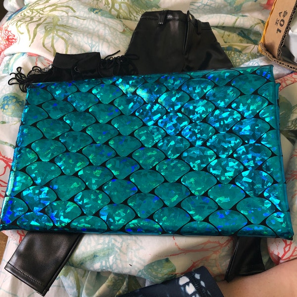 Shiny Holographic Foil Mermaid Scales Pattern on Black Stretch Nylon ...