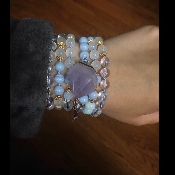 Mala Necklace With Mystic Aura Quartz Moonstone Aquamarine Blue Lace ...