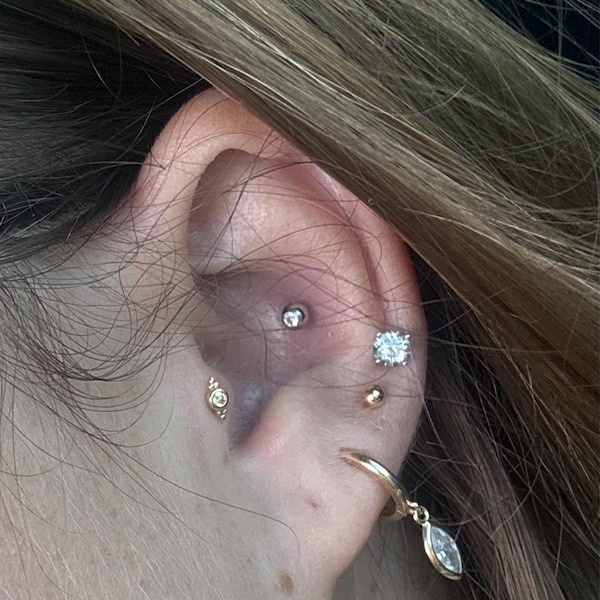 14k Solid Gold Three Bead Stud Earring Dainty Cartilage Piercing Helix ...