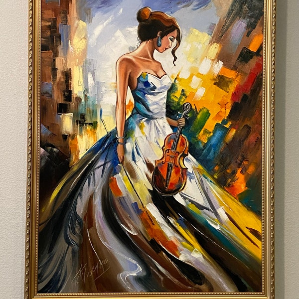 Lady With Violin Oil Painting Original Women 36x48 Canvas Wall Art Girl ...