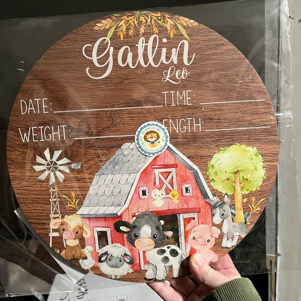 Farm Birth Stat Sign, Round Wood Birth Stat Sign, Farm Animal Birth ...