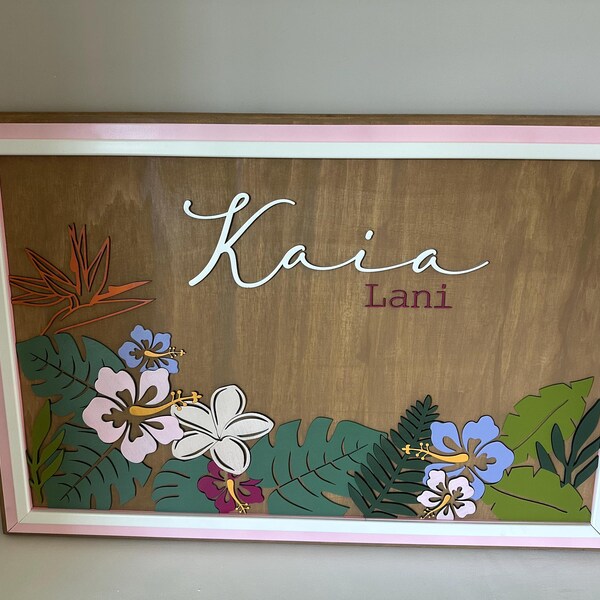 Hawaiian Floral Nursery Personalized Name Board, Botanical Wall Decor ...