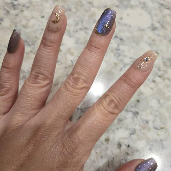 Fairy Galaxy Sky Blue Cat Eye 3D Golden Moon Stars Lines Press on Nails ...