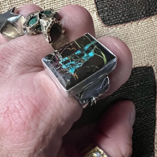 Handmade Blackjack Turquoise and Sterling Silver Ring. Size 10.5. Snake ...