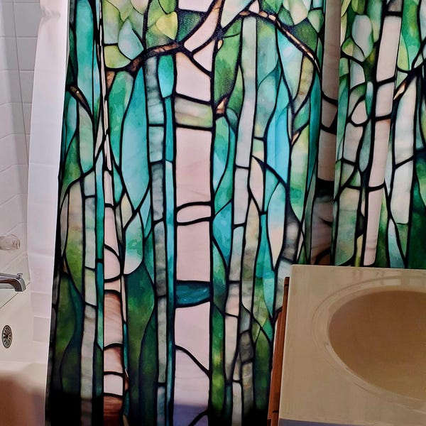 Stained Glass Birch Trees Shower Curtain Modern Art Deco Forest Scenery ...