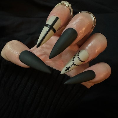 Dark Purple Gothic Press on Nails Custom Shape / Size Matte Black Glue ...