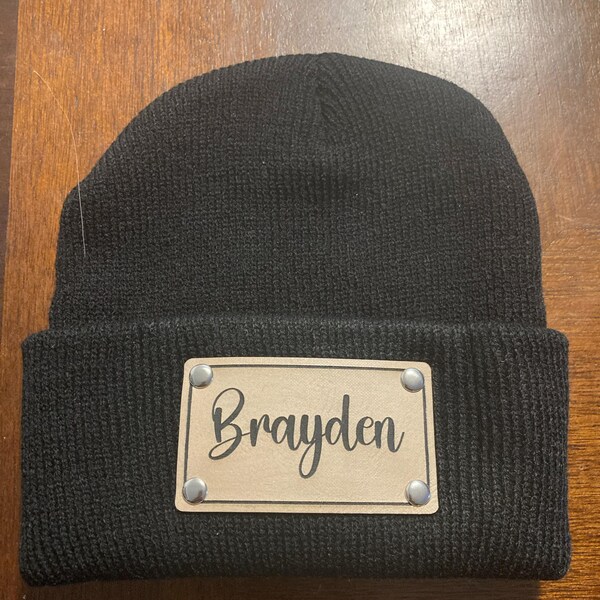 Personalized Baby Hat With Name, Custom Infant Beanie, Leather Patch ...
