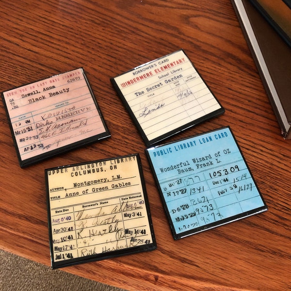 Book Lovers Coaster Set Library Due Date Card Wood Coasters Gifts for ...