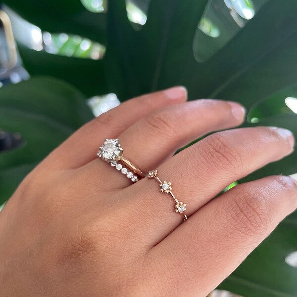 14k Solid Gold Tiny Flower Ring, Dainty Leaf Ring, Nature Inspired Ring for Women, Unique Floral ...