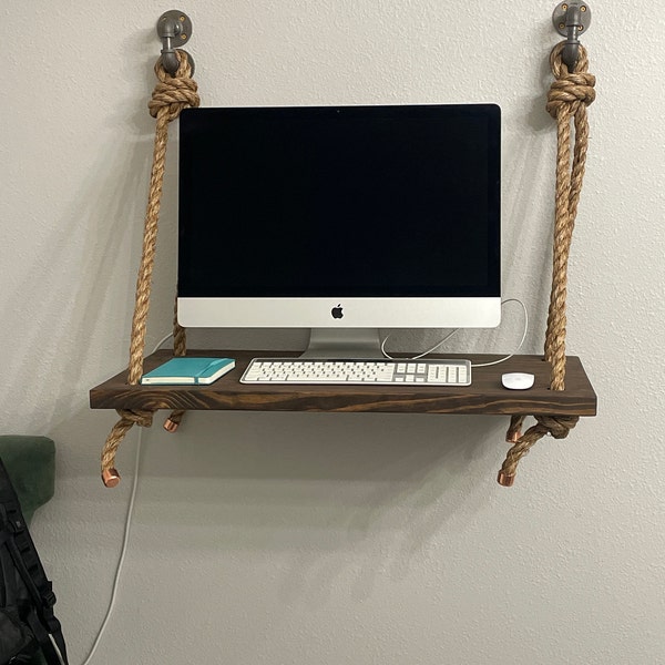 Rope & Pipe Desk - Farmhouse Suspended Wood - Wall Mounted - Standing ...