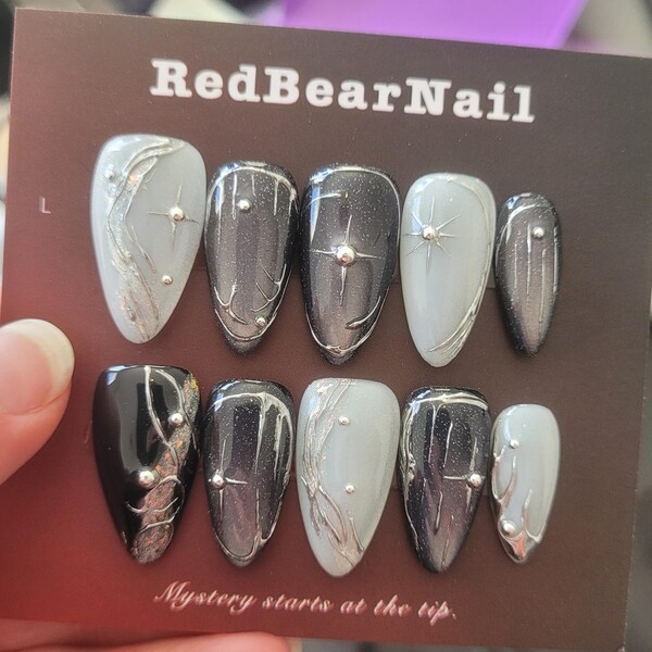 Liquid Metal Nails/silver Star Nails/black Cat Eye Nails/galaxy Gel ...