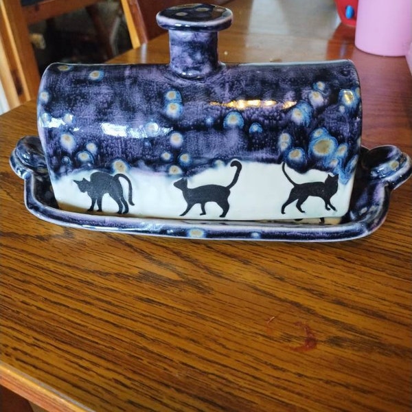 Butter Dish With Lid Ceramic Hand Made Circle Pattern Black Wiped Back ...