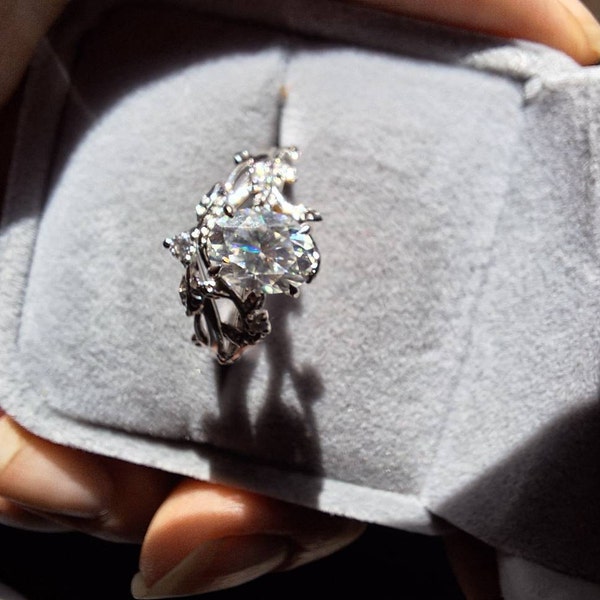 Nature Inspired Oval Shape Moissanite Leaf Engagement Ring Set, 14K ...