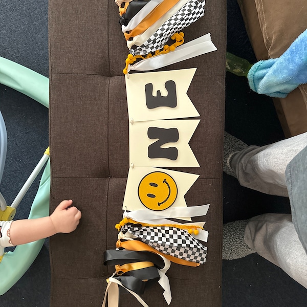 Yellow One Smiley Face Banner, One Happy Dude, First Birthday Boy Decor ...