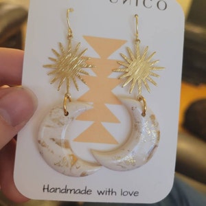 La Luna Cresent Moon Clay Earrings, Faux White Marble and Gold Leaf ...