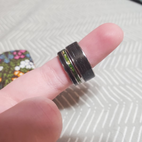 Titanium Wedding Band With Dark Oak, Titanium Ring With Hydrangea Green ...