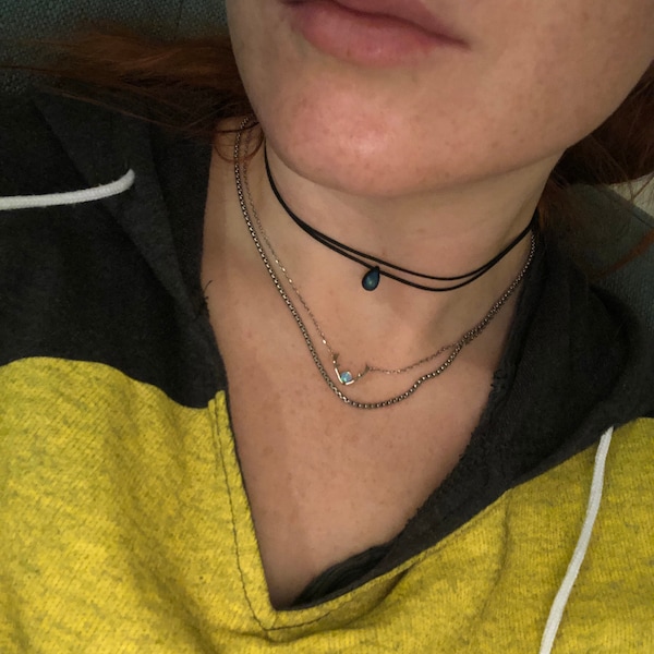 Edgy Double Layered Thin Black Choker Necklace, Teardrop Necklace ...