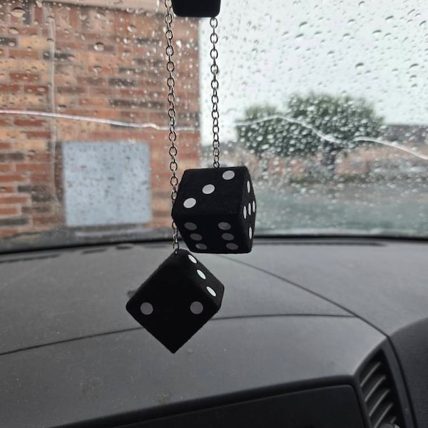 White Plush Fuzzy Dice With Black Dots and Chain or Cord / Car ...