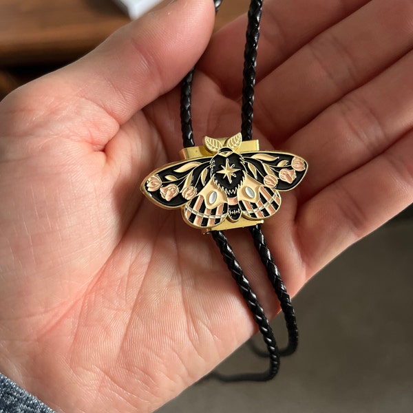 Forest Witch Moth Bolo Tie Necklace Black Braided Cord Golden Color ...