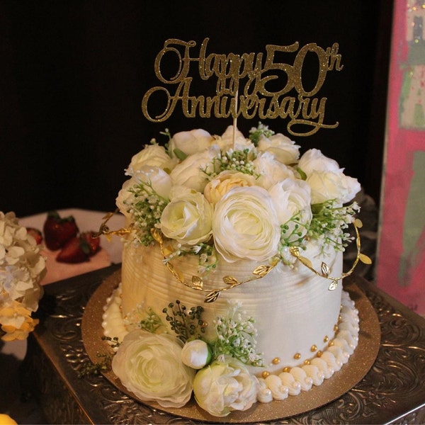 Happy 50th Anniversary Topper, Anniversary Cake Topper, Golden ...
