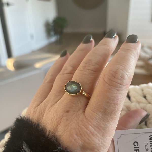 Brushed Gold Aquamarine Ring · Bezel Set Oval Stacking Ring · March Birthstone Ring ...