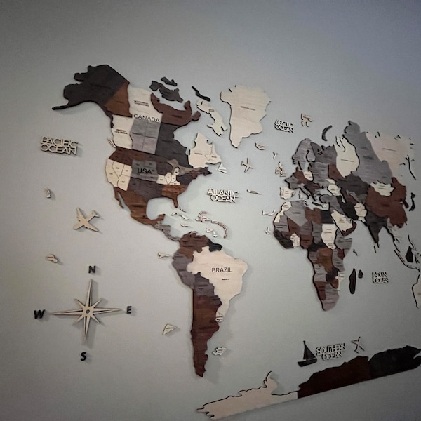 3D Wood World Map Wall Art, Modern Home Living Room Decor, Push Pin Map ...