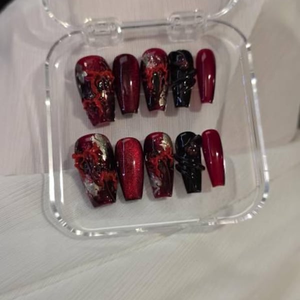 Spider Lilly Dark Red 3D Press on Nails - Handmade Flower Reusable Fake ...