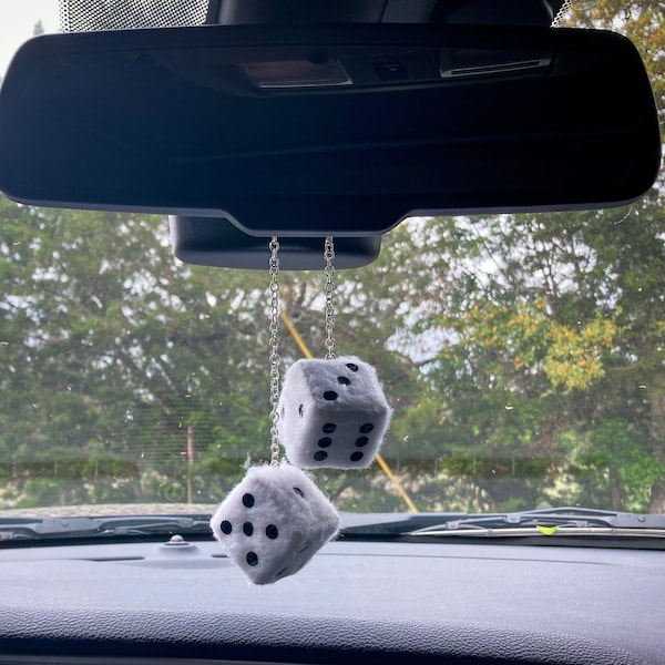 White Plush Fuzzy Dice With Black Dots and Chain or Cord / Car ...