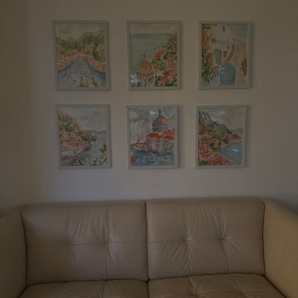 Set of 6 Italy Watercolor Prints Mediterranean Seascape Amalfi ...