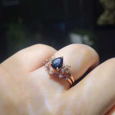 Galaxy Pear Cut Blue Sandstone Engagement Ring Set Art Deco Marquise ...