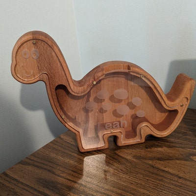 Handmade Dinosaur Coin Bank for Kids, Wooden Brontosaurus Money Box ...