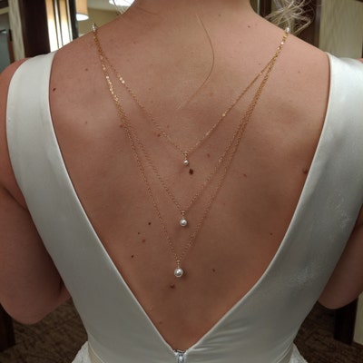 Minimal Pearl Open Back Necklace, Silver Tiered Back Drop Necklace ...